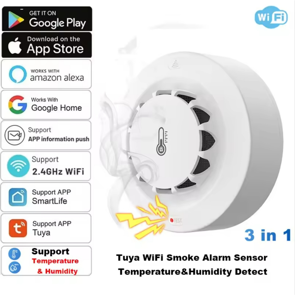 Tuya WiFi สัญญาณเตือนควันการตรวจจับอุณหภูมิและความชื้น 3 In1 ป้องกัน ...