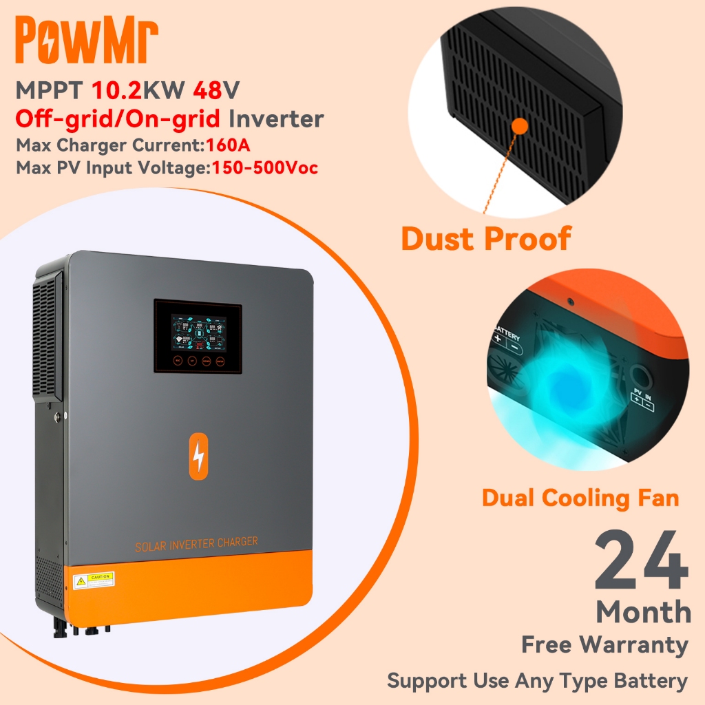 Powmr MPPT 10.2kw On-grid/Off-grid Hybrid อินเวอร์เตอร์ 48Vdc 230VAC PV แผงอินพุต 500vdc Pure ...