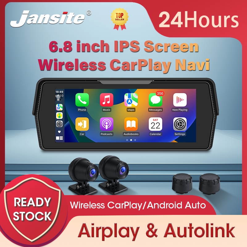 Jansite Portable Motorcycle Navigator ไร้สาย Apple CarPlay ด้านหน้าและ ...