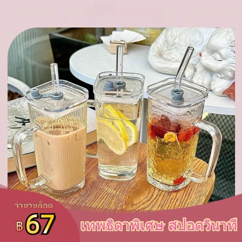 ถ้วยน้ําแก้วใสใสพร้อมที่จับที่มีมูลค่าสูงหญิงฤดูร้อนถ้วยน้ําผลไม้ลาย ...