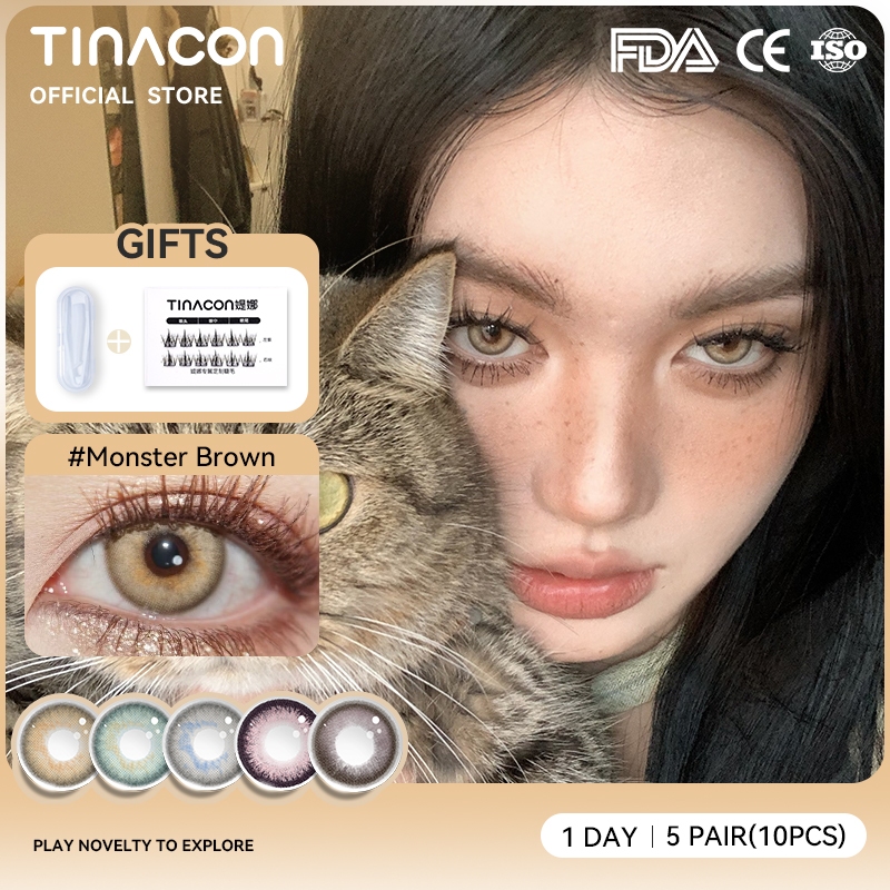 【สินค้าขายดี】TINACON 10PCS คอนแทคเลนส์รายวัน Green /Brown / Grey contact lens DIA 14.2/14.5 MM ...