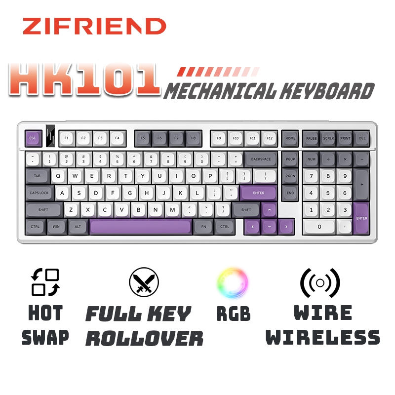 Zifriend HK101 คีย์บอร์ดแบบกลไก RGB Hotswap คีย์บอร์ดเกมไร้สายทํางาน ...