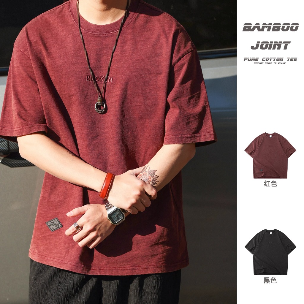 Richell ญี่ปุ่นย้อนยุคหนัก เทียนจู้ ผ้าฝ้ายแขนสั้นเสื้อยืดผู้ชาย 250ก ตัวอักษรปักผ้าฝ้ายแท้ จุด ...