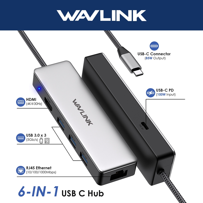 Wavlink 6 in 1 USB C Hub 4K@30Hz อะแดปเตอร์ HDMI USB 3.0/Gigabit ...