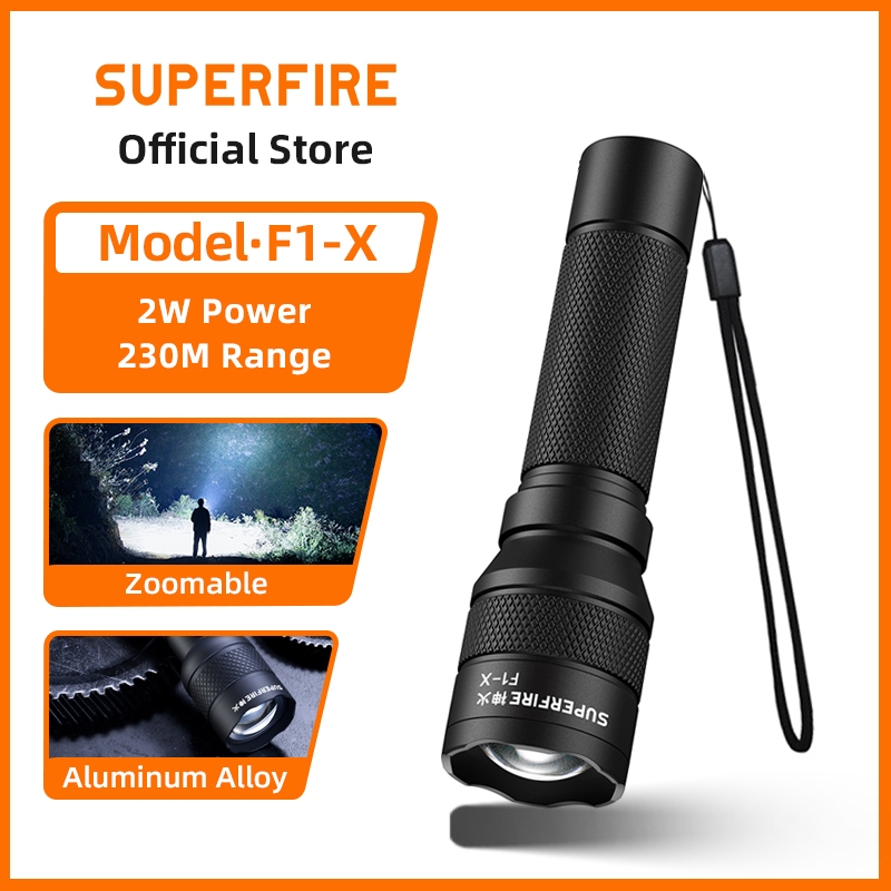 Superfire F1-X 2W ไฟฉาย Zoomable แบบพกพาไฟฉายระยะไกล USB ชาร์จโคมไฟฉุกเฉินกลางแจ้งอลูมิเนียม ...