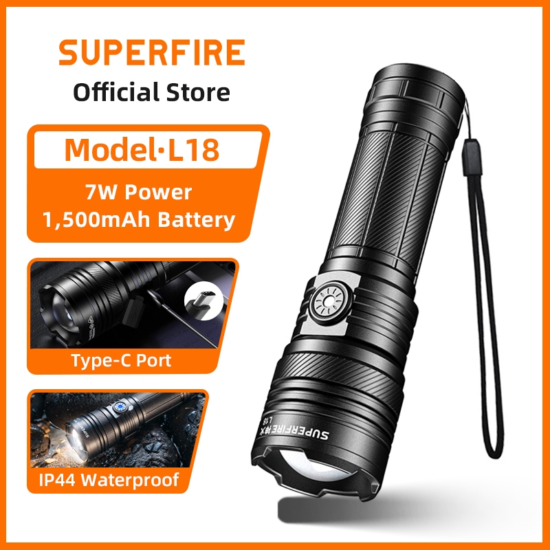 Superfire L18 7W LED Zoomable ไฟฉาย 310M ระยะทางแสง USB-C ชาร์จ 1500mAh ไฟฉายสําหรับ Camping ตก ...