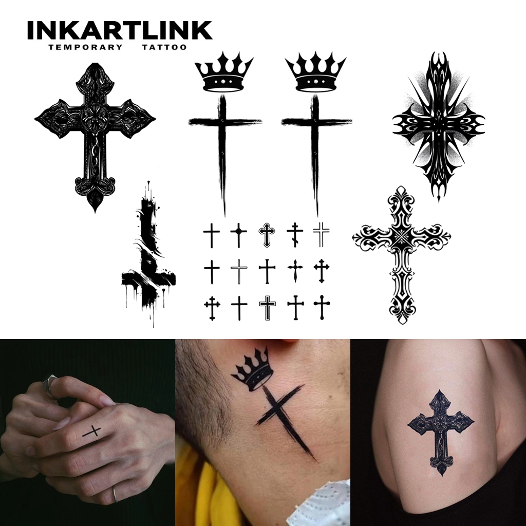สติ๊กเกอร์รอยสักชั่วคราว Inkartlink Crown Cross, สติ๊กเกอร์รอยสักวิเศษกันน้ําติดทนนาน, ชุดสัก ...