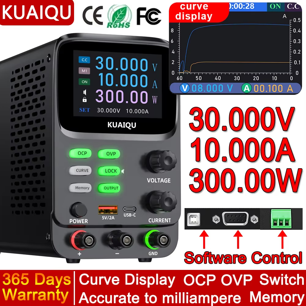 Kuaiqu 30V 10A แหล่งจ่ายไฟ Lab พร้อมจอแสดงผลดิจิตอล 5 หลัก, สัญญาณเตือน ...