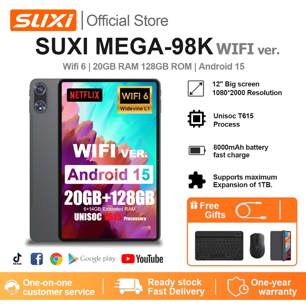 SUXI MEGA-98K แท็บเล็ต 12 "2K 6+128GB 7000mAh Android 14 w/4G LTE และ ...