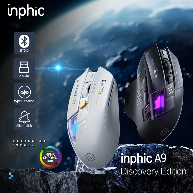 Inphic A9 RGB เมาส์ไร้สายแบบชาร์จไฟได้ 2.4GHz / Bluetooth5.0 ไม่มีเสียงคลิก 2400dpi เมาส์สําหรับ ...