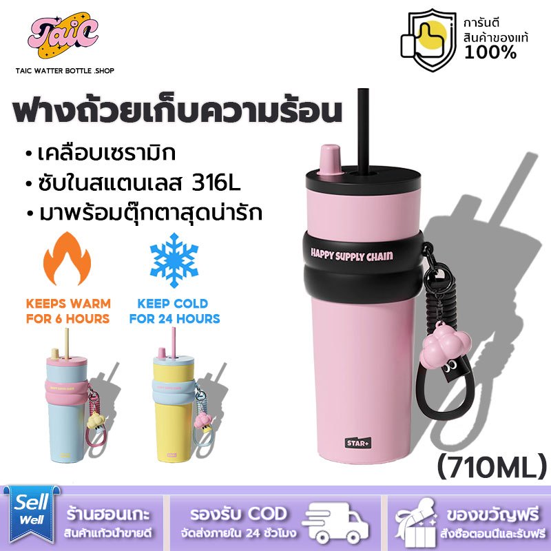 ส่งฟรี🚚 710ml แก้วเก็บความเย็น แก้วน้ำเก็บความเย็น 316Lสแตนเลส+เคลือบเซรามิค มาพร้อมด้ามจับ ...