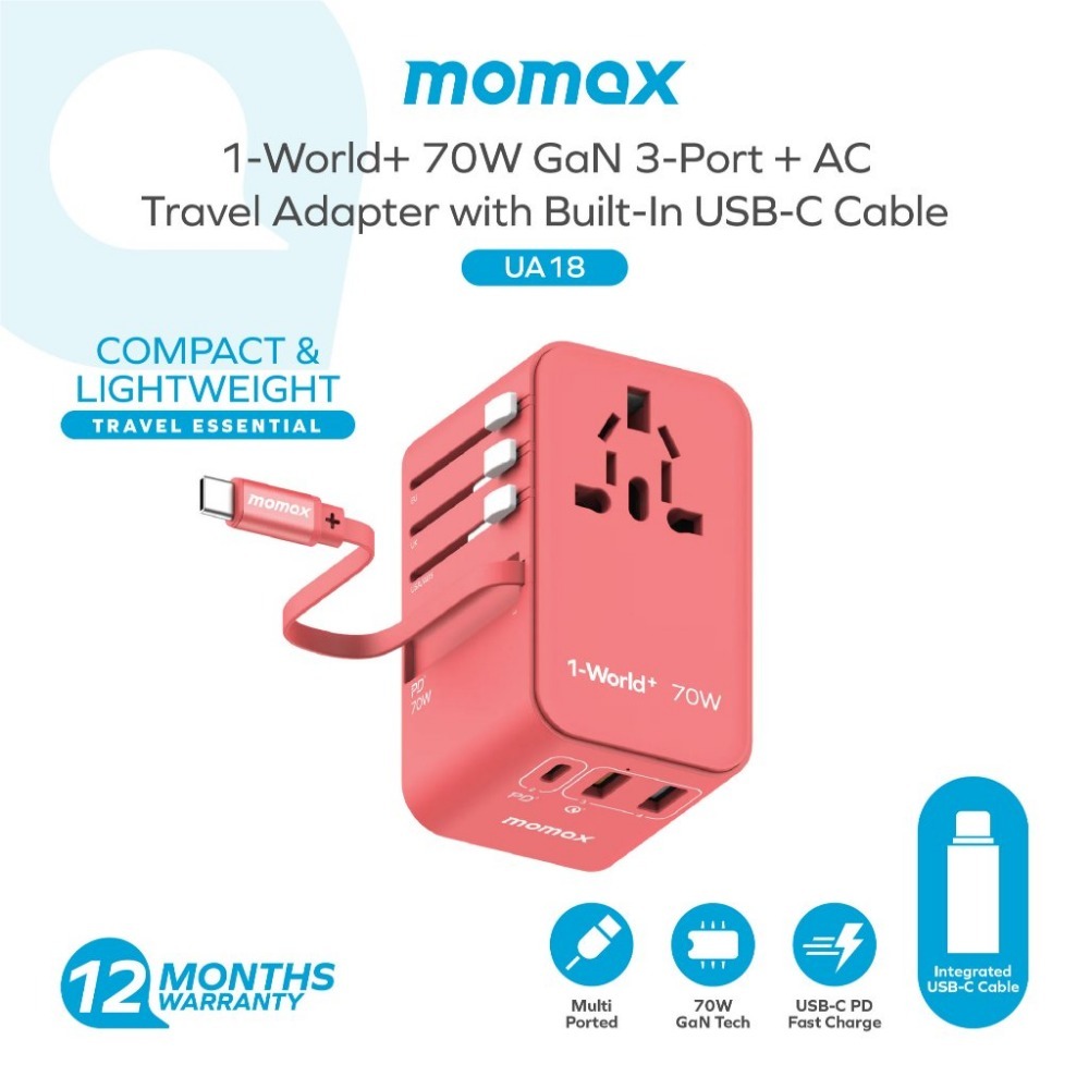 Momax UA18 I-World+ 70W GaN 3-Port + AC Travel Adapter / Built-in USB-C ...