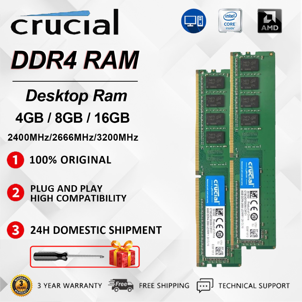 Crucial DDR4 RAM 2Rx8 เดสก์ท็อป 4GB 8GB 16GB 2400MHz 2666MHz 3200MHz ...