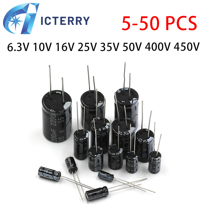 5-50pcs อลูมิเนียม Electrolytic Capacitor 6.3V 10V 16V 25V 35V 50V 100V 400V 10UF 100UF 220UF ...