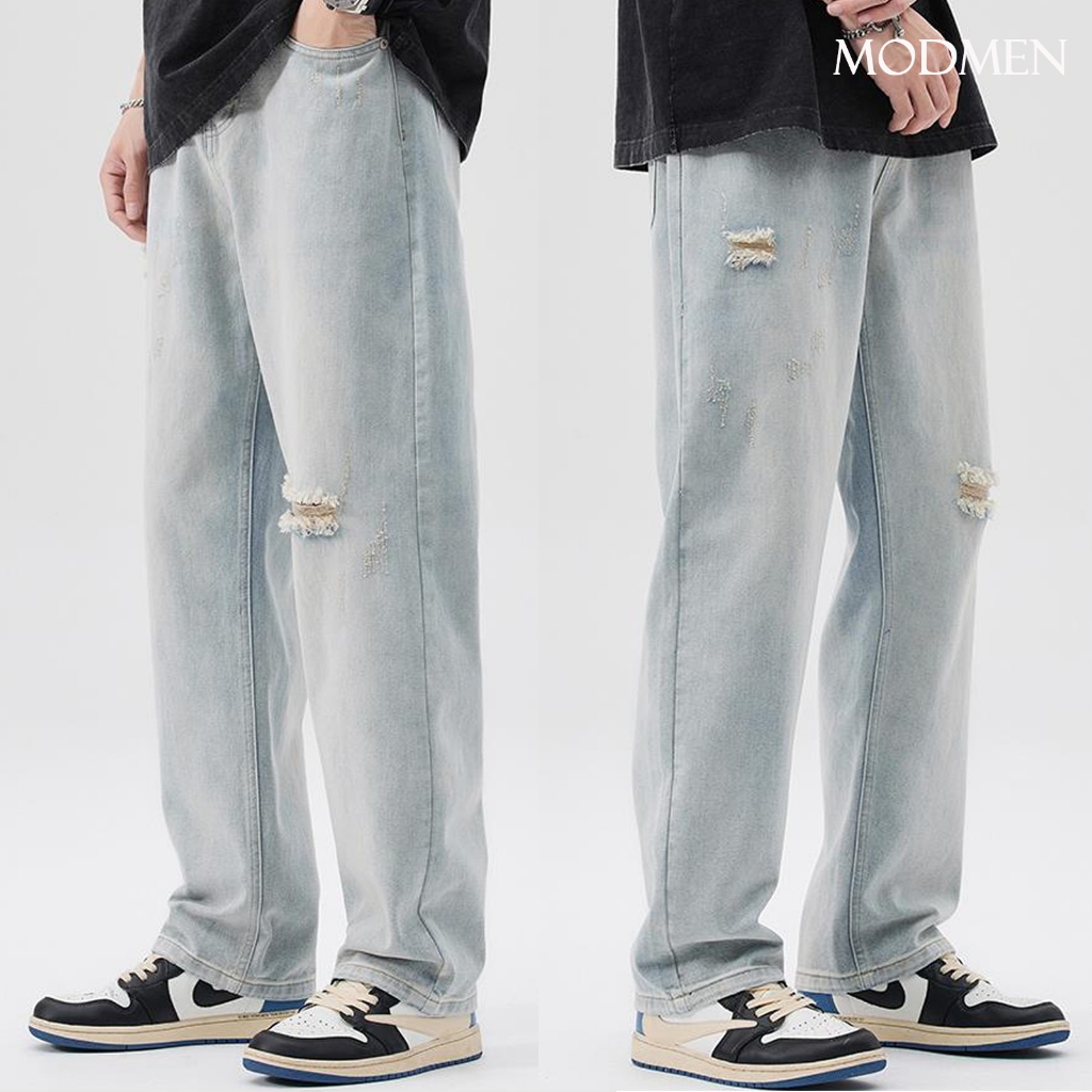 🎉กางเกงยีนส์ลายขาด🎉 ยีนส์ขากระบอก เอวสูงสบาย มีซิป คุณภาพดี แบบเรียบง่าย เหมาะกับทุกรูปร่าง ...