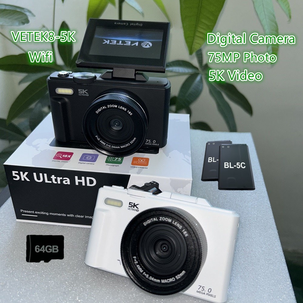 Vetek-5k กล้องดิจิตอล 75MP 180°Flip Screen 18X ซูมอัตโนมัติกล้อง ...