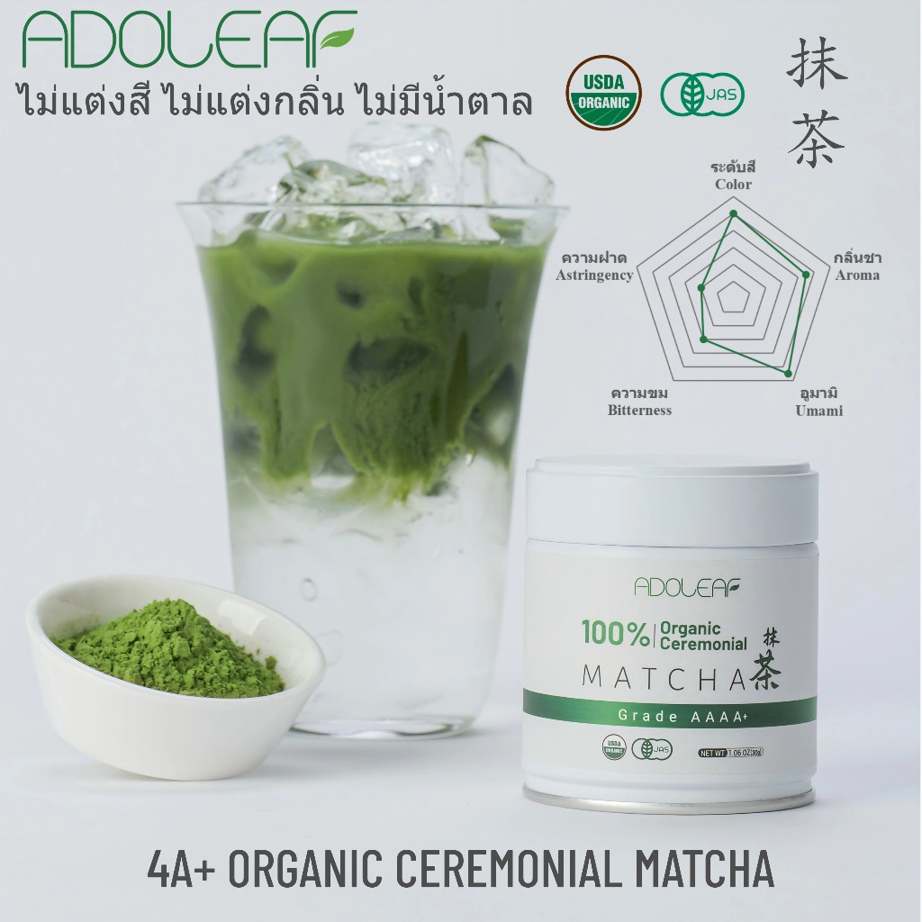 AdoLeaf 4A+ Matcha ผงมัทฉะเกรดพิธีออร์แกนิก เก็บเกี่ยวครั้งแรก 100% ...