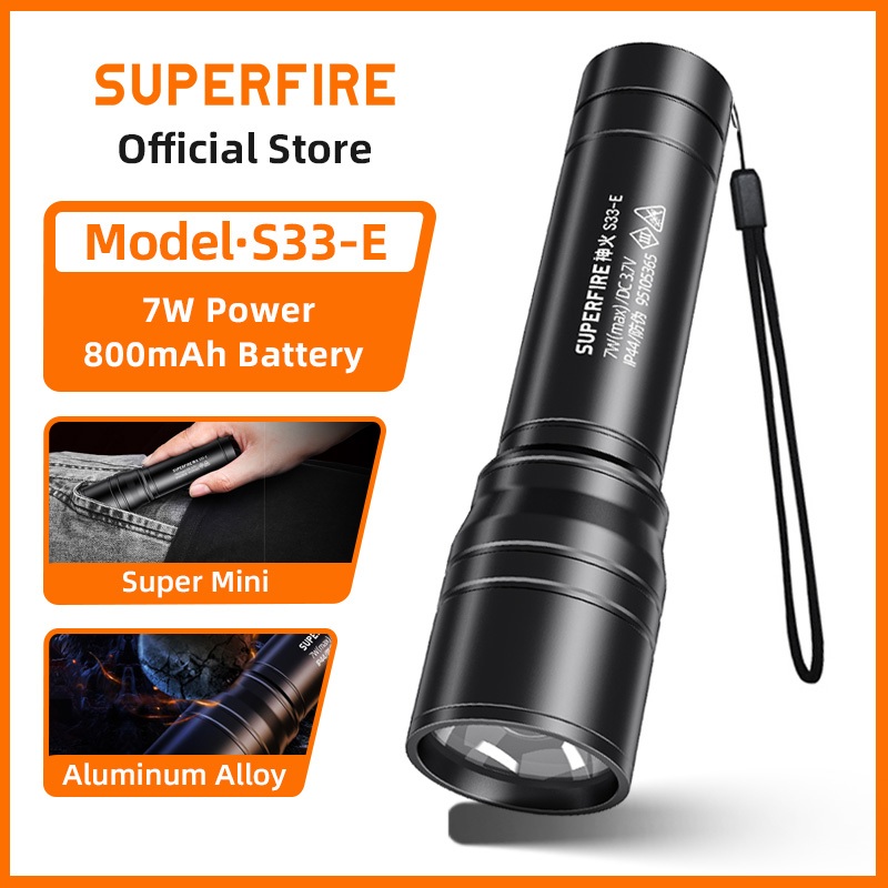 SUPERFIRE S33-E 7W แบบพกพา Zoomable ไฟฉาย Super Bright ประเภท -C กันน้ําไฟฉายแบบชาร์จไฟได้ ...