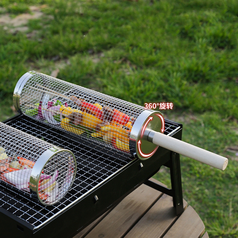 ตะกร้าย่างหมุนได้ด้ามไม้ กรงบาร์บีคิวสแตนเลส 304 Camping & Commercial Roller Roaster มัลติฟังก ...