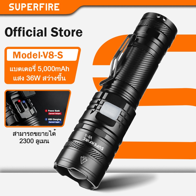 SUPERFIRE 36W พลังงานสูง ไฟฉาย LED กันน้ํา ซุปเปอร์ไบรท์ 5000LM ตัวบ่งชี้ไฟฉาย USB-C ไฟล่าสัตว์ ...