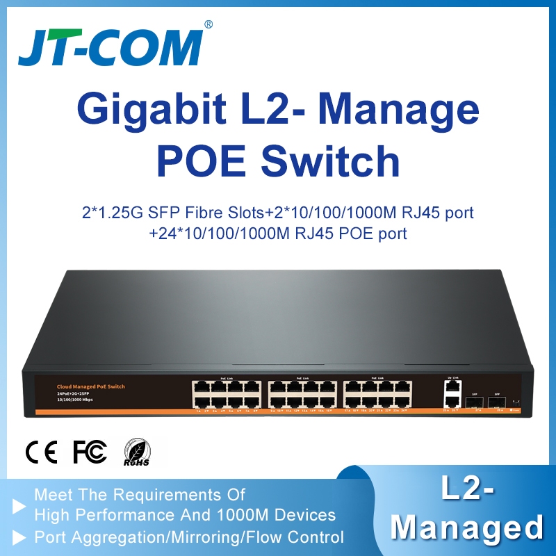 JT-COM 24-Port Fast Ethernet PoE+ Switch with 2 Gigabit Uplink SFP Port ...