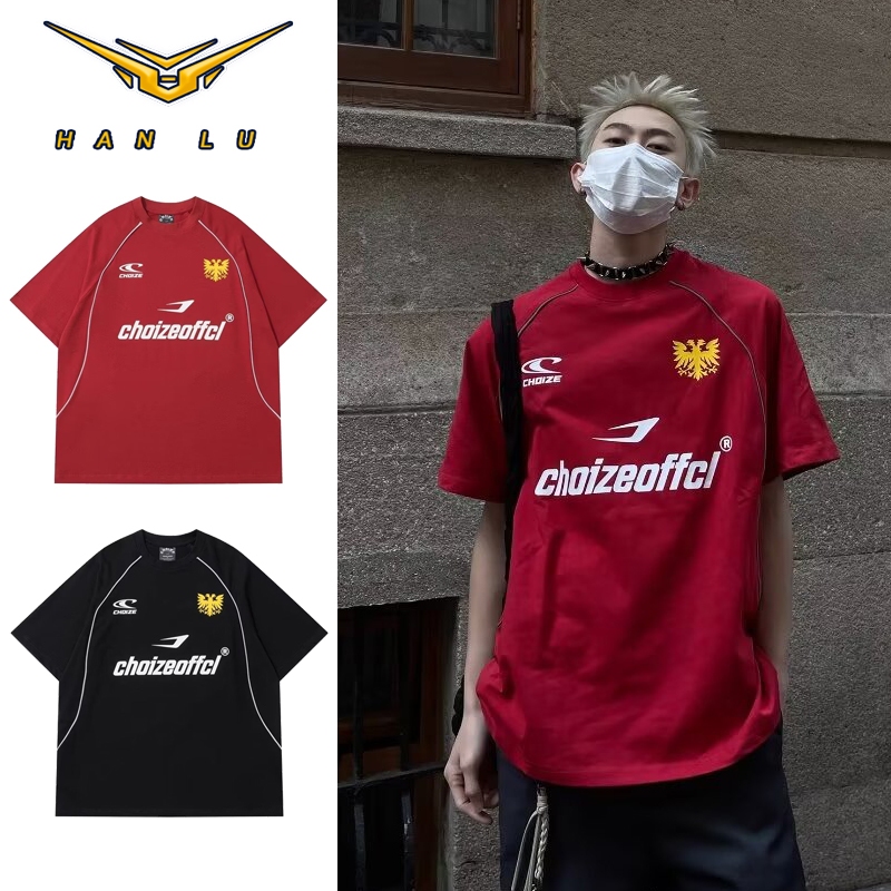 HANLUพิมพ์ลายตัวอักษรสไตล์สตรีทแบรนด์แฟชั่นดีไซน์อเมริกันแขนสั้น เสื้อ ...