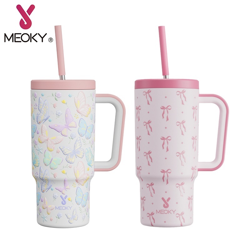 MEOKY 24oz(709ml) แก้วน้ําฉนวนฟาง 304 สแตนเลส แก้วเก็บความเย็นน้ําแข็ง ...
