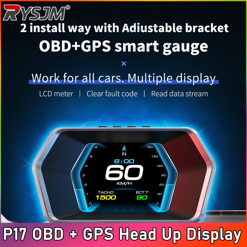 P17 รถ HUD OBD OBD OBD2 + GPS Meter Digital Scanner Alarm Speed Gauge ...