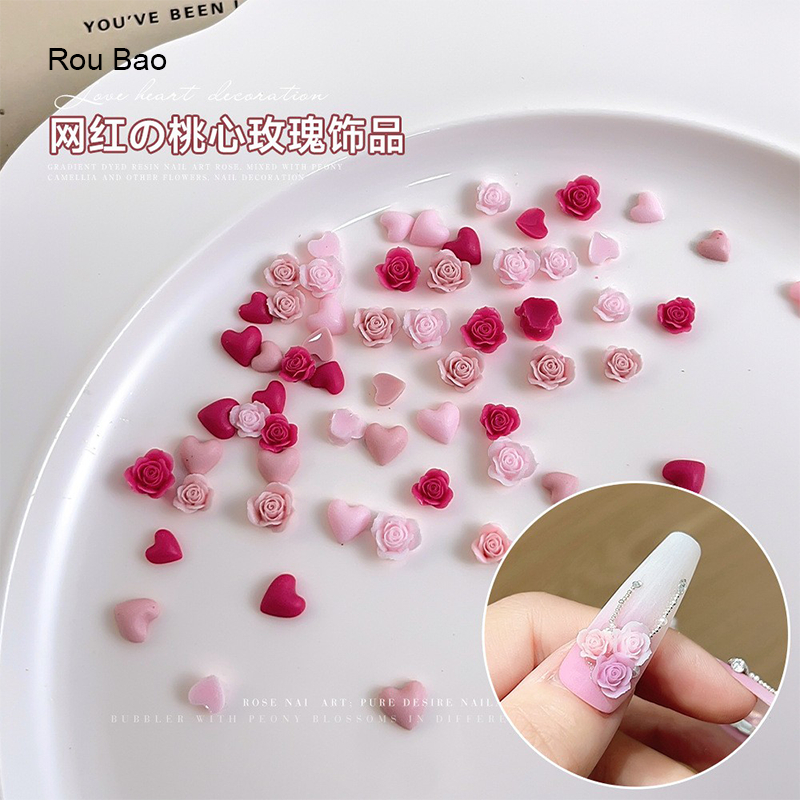 Rou Bao 50 ชิ้นเล็บผสม Rose ดอกไม้หัวใจสีชมพู Girly เรซิ่นเล็บ Art DIY ...