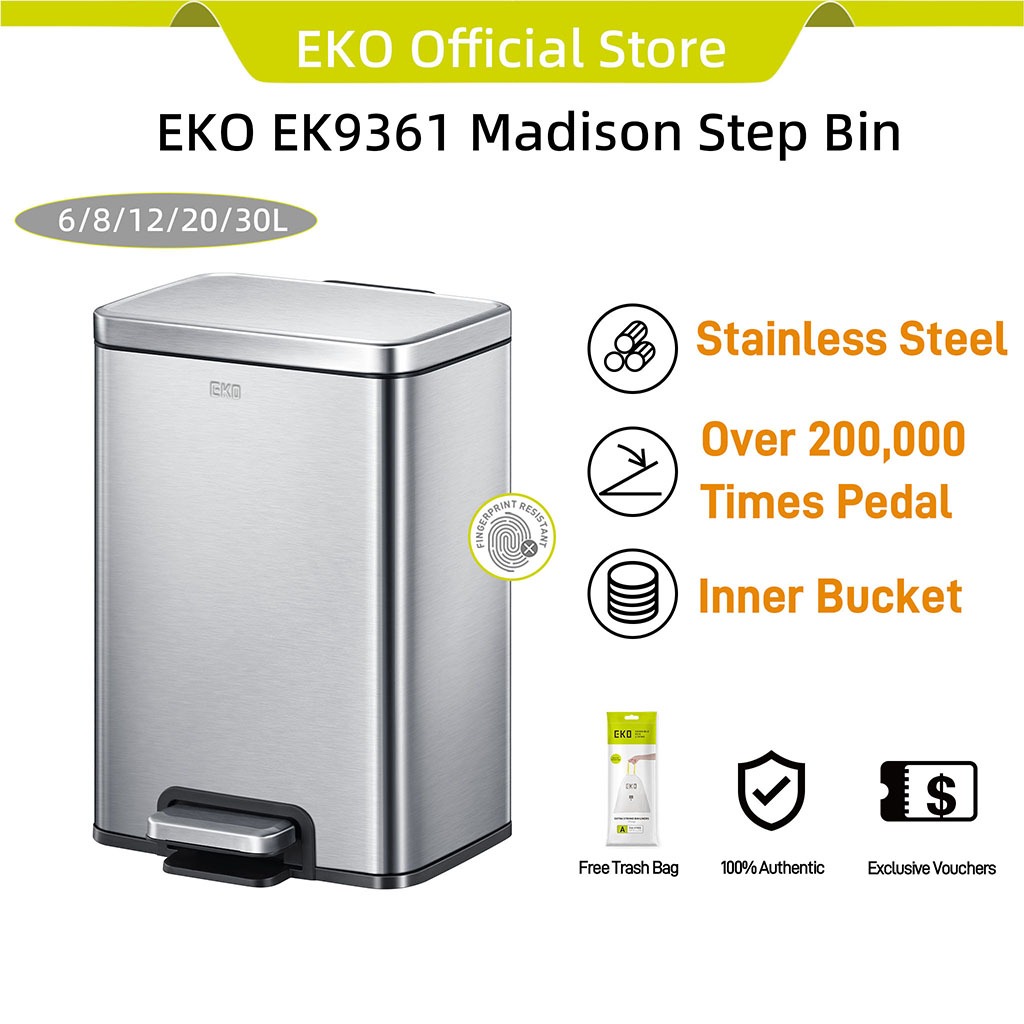 Eko Madison Step ถังขยะ Matte สแตนเลส 6L, 8L, 12L, 20L, 30 ลิตรภายใน Liner Tong Sampah สําหรับ ...