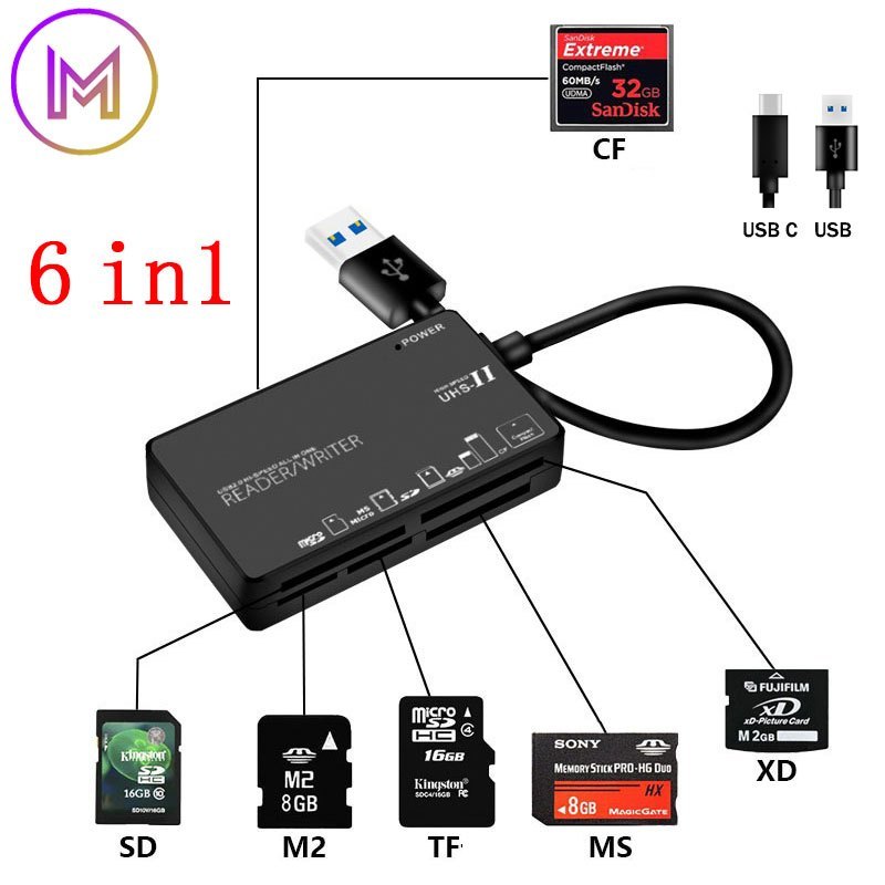 LaoMi 6 In 1 USB2.0/Type-C เครื่องอ่านการ์ดมัลติฟังก์ชั่ CF M2 MS XD ...