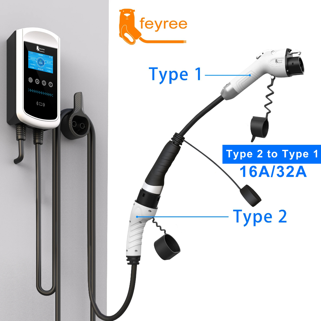 Feyree อะแดปเตอร์สายชาร์จ Type 2 เป็น J1772 Type 1 EVSE 16A 3.5KW 32A ...