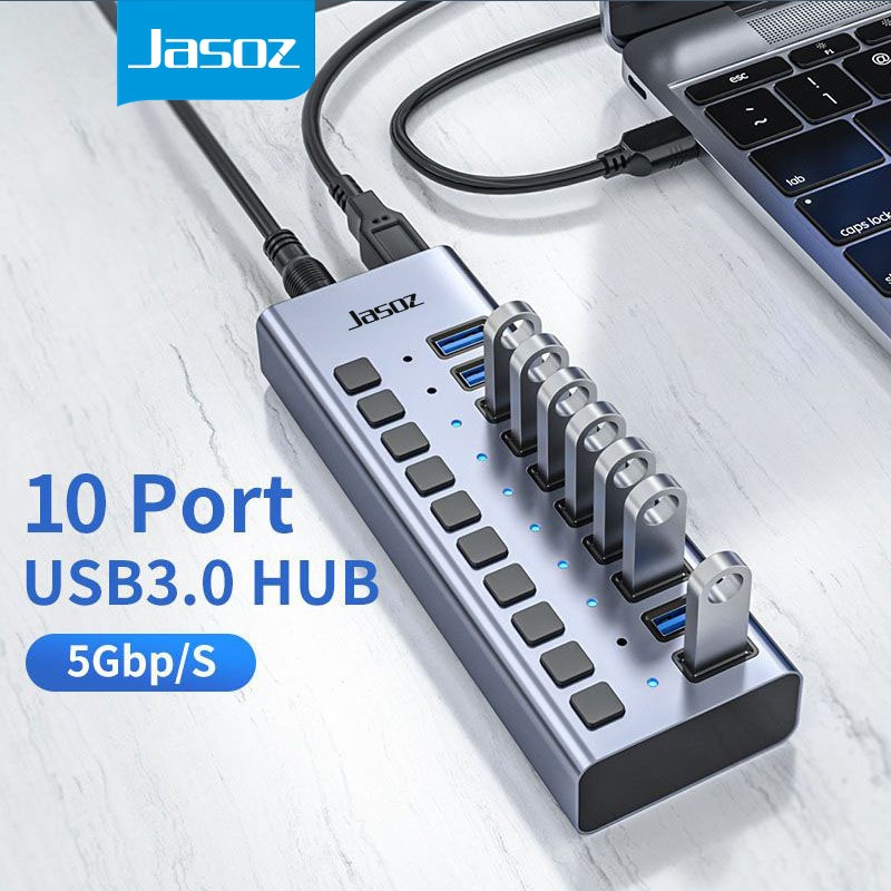 Jasoz USB 3.0 HUB 7/10 Port USB Splitter On/Off Switch With 12V Power ...