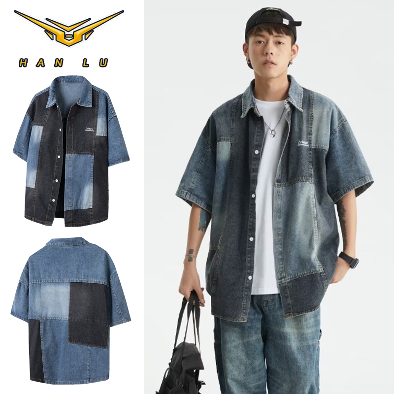HANLU เสื้อเชิ้ตผู้ชายฤดูร้อน ผ้าเดนิม เย็บสไตล์ย้อนยุคแบบอเมริกัน ทรง ...