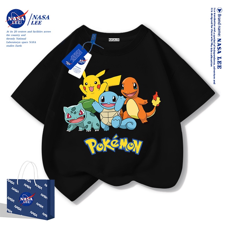 【สินค้ามีในสต็อก】 เสื้อยืดคอตตอนสีดำสำหรับเด็ก ลายโปเกมอน (Pokémon ...