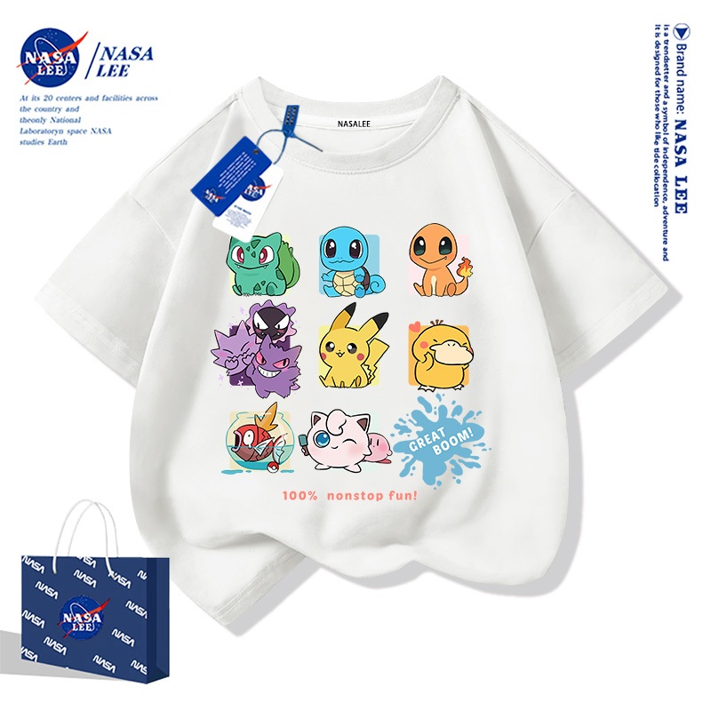 【สินค้ามีในสต็อก】 เสื้อยืดคอตตอนสีขาวสำหรับเด็ก ลายโปเกมอน (Pokémon ...