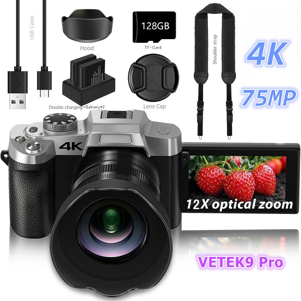 VETEK9 pro กล้อง กล้องดิจิตอล กล้องซูมไกล 4K, ซูมออปติคัล 12X,75MP ...