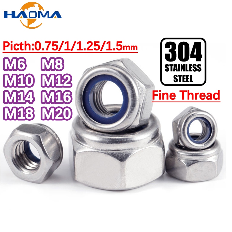 304 สแตนเลสสตีลเกลียว Self-Locking Hex Nuts ไนลอน Locknut Non Slip Nuts ...