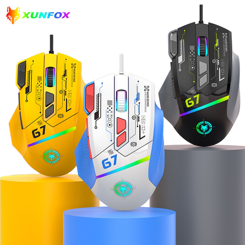 XUNFOX G7 เมาส์สําหรับเล่นเกมแบบมีสายพร้อมไฟ RGB ความแม่นยําสูง 12800 ...
