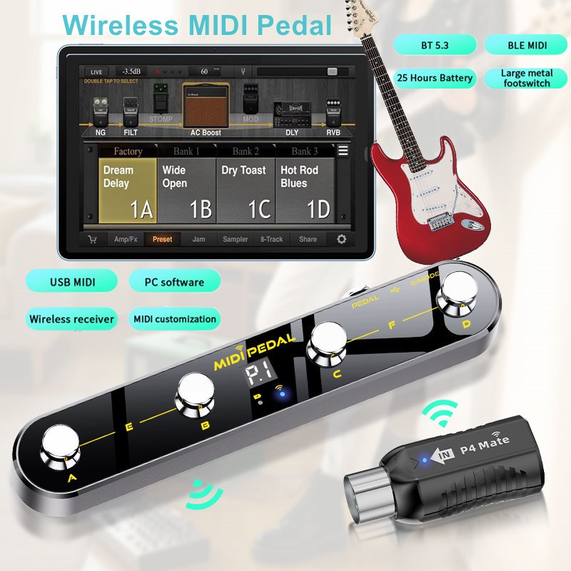 BT Wireless Midi Controller ชาร์จแบบพกพา 5 โหมดเท้าเหยียบพร้อมตัวรับ ...