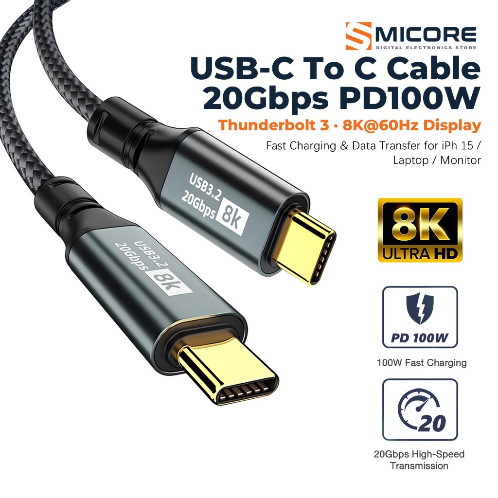 สายชาร์จ USB 3.2 Type C to C 20Gbps PD100W รองรับ 8K@60Hz Thunderbolt 3 สำหรับ Mac-book แท็บเล็ต ...