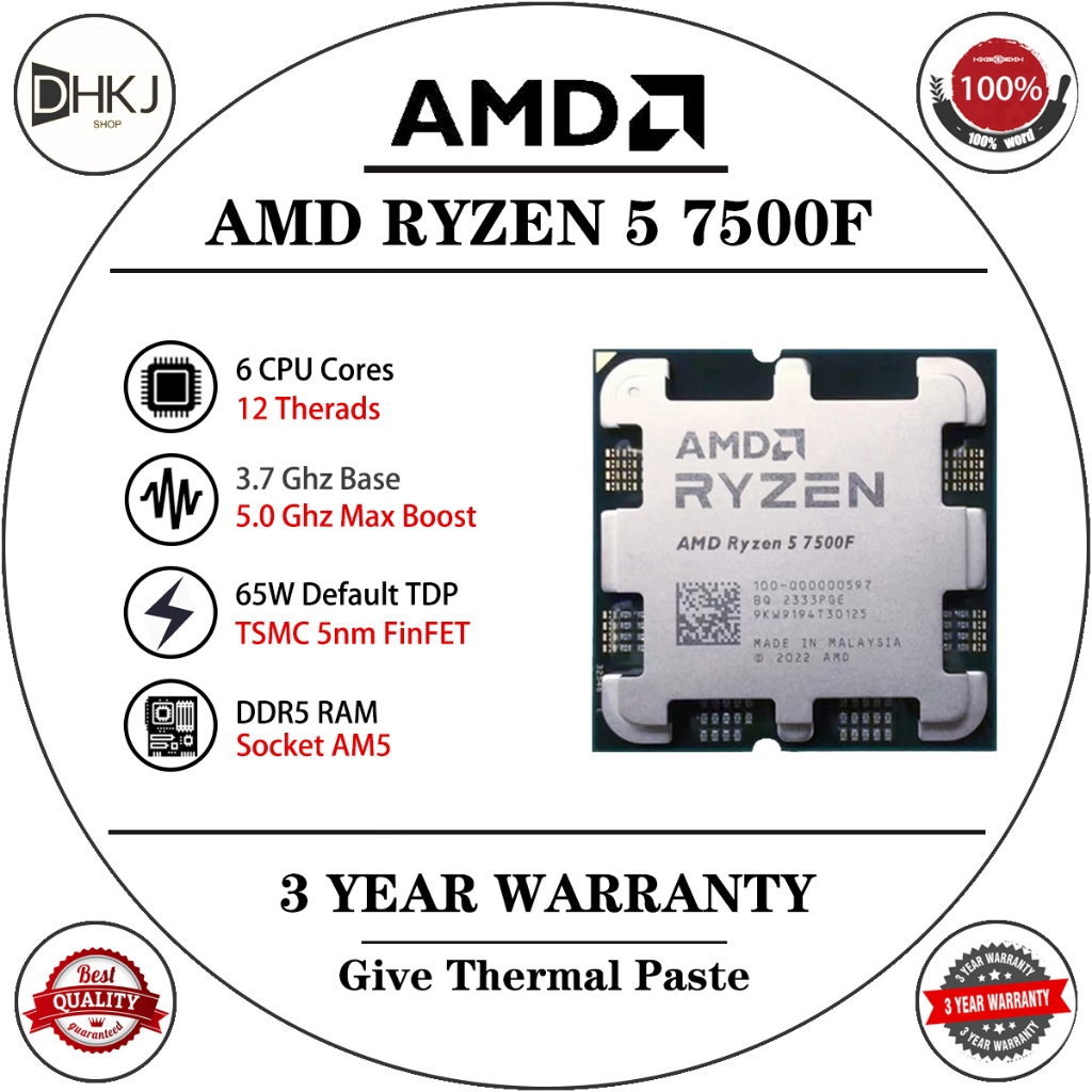 ใช้ AMD Ryzen 5 7500F R5 7500F CPU 5GHz 6-Core 12 ด้าย 38MB แคช 5NM TDP ...