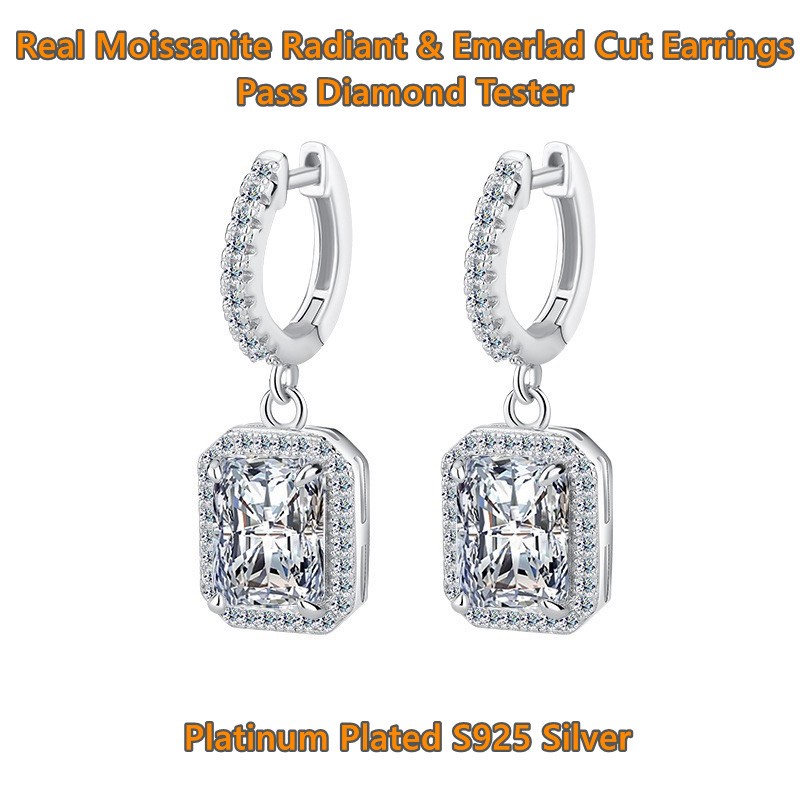 ต่างหู Moissanite Cut Radiant & Emerlad ใบรับรอง GRA ชุบทองคําขาว S925 ต่างหูเงินแท้สําหรับ ...