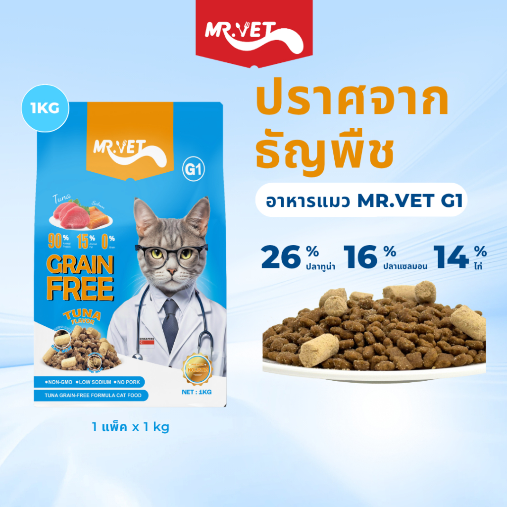Mr.vet อาหารแมวฟรีซดราย G1 1kg Tuna Cat อาหารแห้ง Grain Free โปรตีน 32% ไขมัน 15% | Shopee Thailand