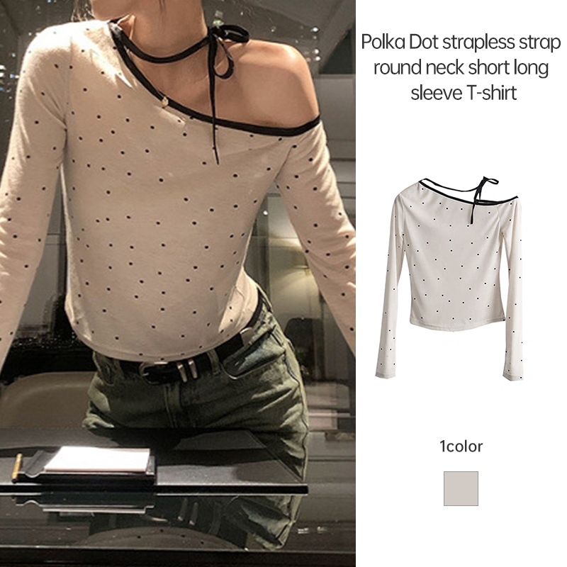 Yimii.th 】Thin Polka Dot เสื้อยืดแขนยาวปิดไหล่ Lace-up เสื้อยืดผู้หญิง ...
