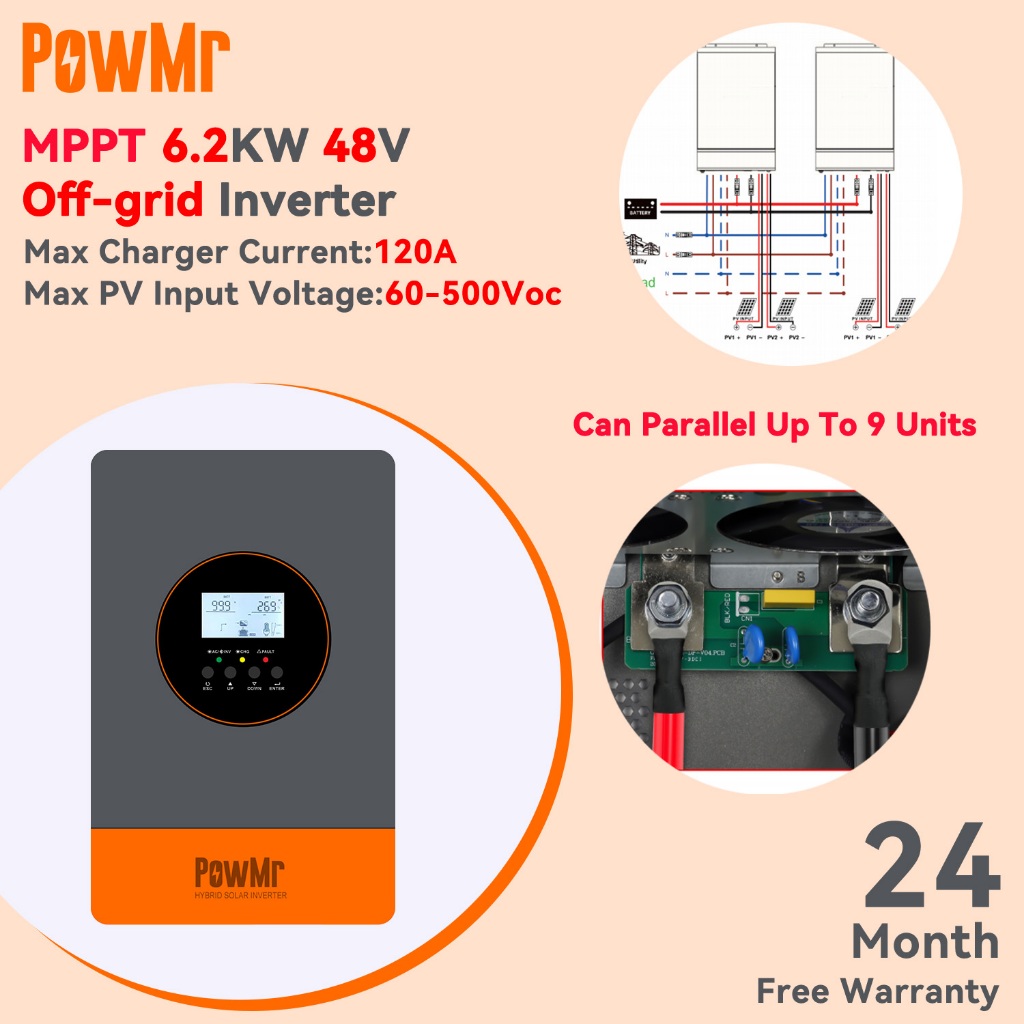 【รุ่นใหม่】PowMr MPPT 6.2KW Off Grid Solar Hybrid Inverter 230Vac Built-In 120A MPPT Solar ...