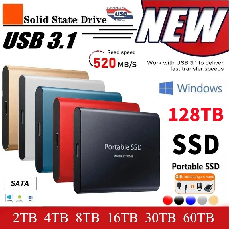 ฮาร์ดไดรฟ์ภายนอกแบบพกพา 2TB-128TB SSD USB 3.1/Type-C Solid State Drive ฮาร์ดดิสก์ไดรฟ์ความเร็ว ...