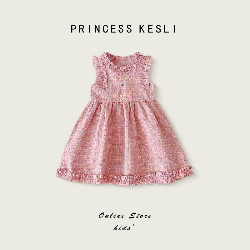Princess Kesli ชุดเดรสเด็กผู้หญิง ชุดกระโปรงแขนกุด ลายสก๊อต งานกระดุม ...