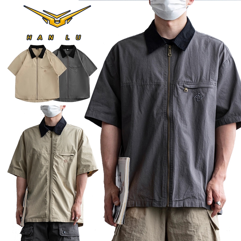 HANLU สไตล์ญี่ปุ่น Retro ผ้าฝ้ายแท้ Contrast-สีซิปเสื้อแขนสั้นผู้ชายฤดู ...