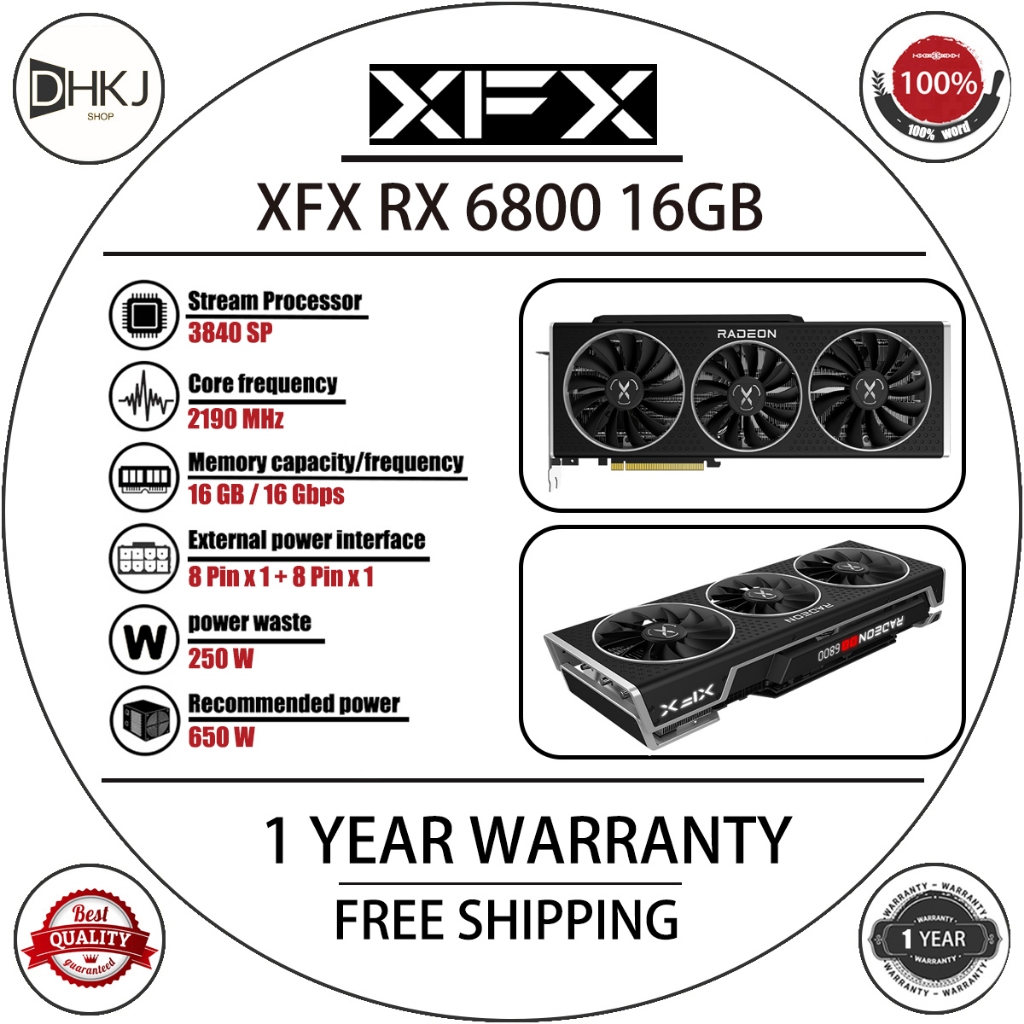 ใช้ XFX RX 6800 16G กราฟิกการ์ด 3840SP 2190MHz GDDR6 16GB 256Bit 16Gbps ...